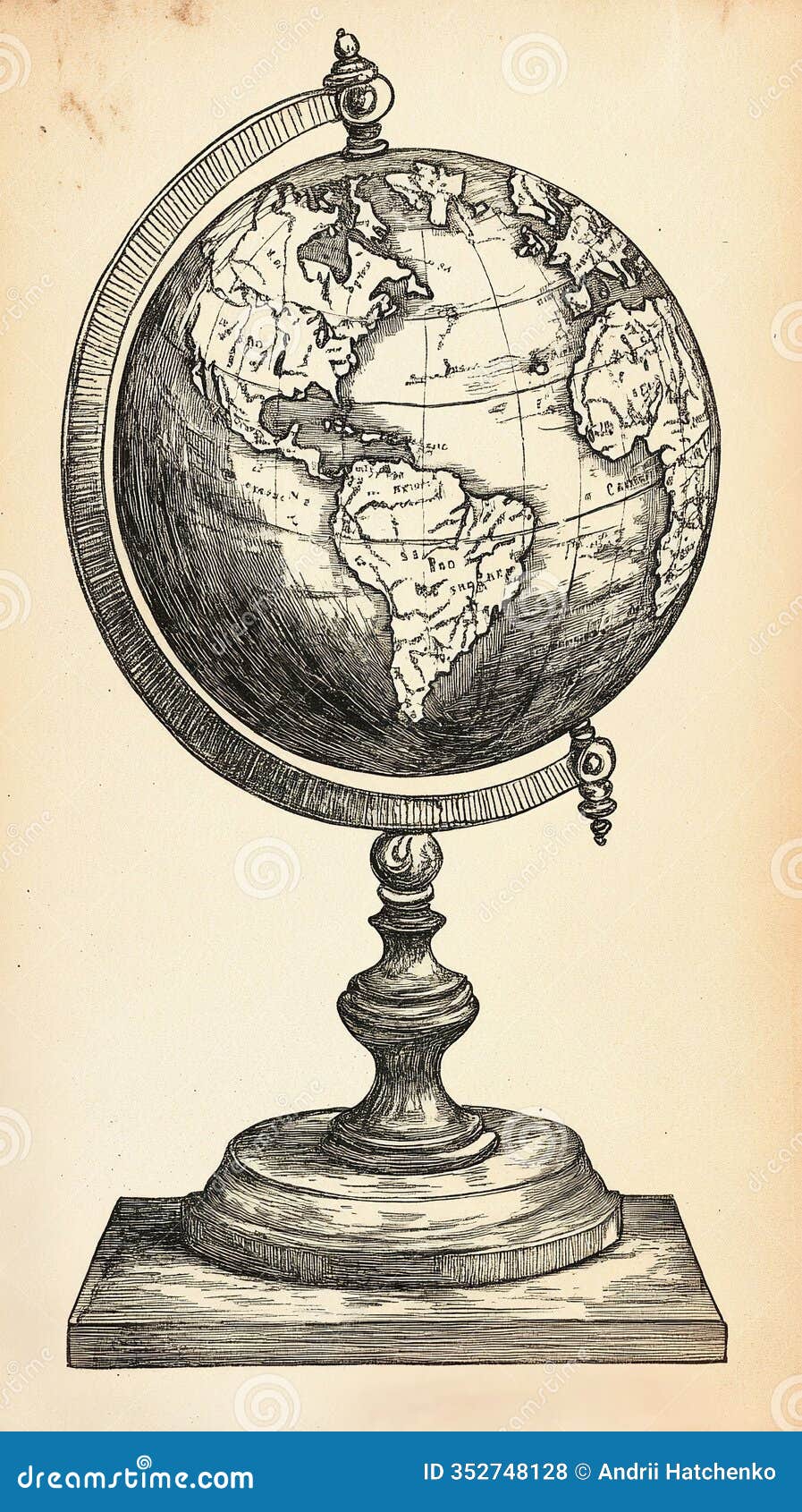 Sketch Engraving of an Antique Globe with Geographical Details. Stock ...