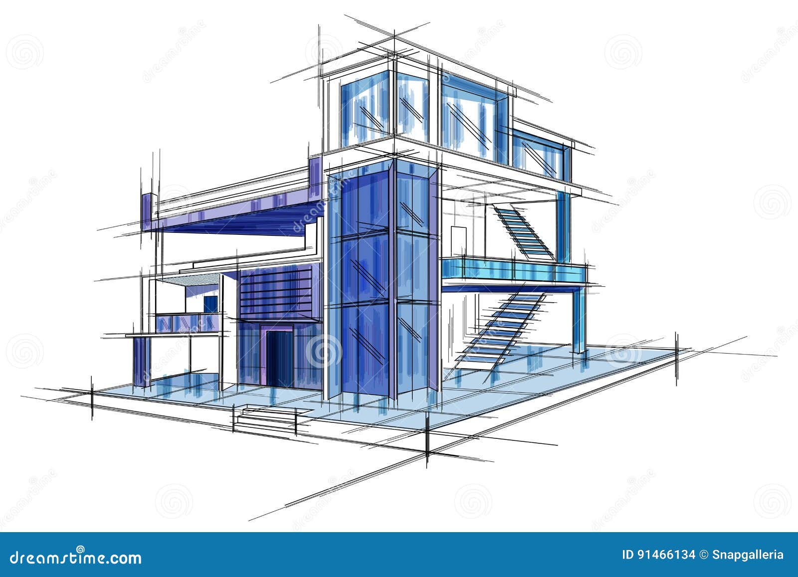 Sketch Of Exterior Building Draft Blueprint Design Cartoon Vector ...