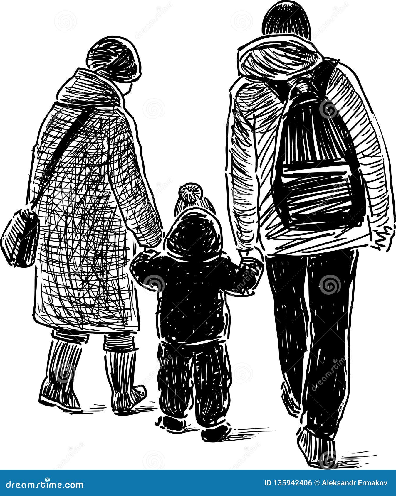 Sketch Of A Family Going On A Stroll Stock Vector - Illustration of ...
