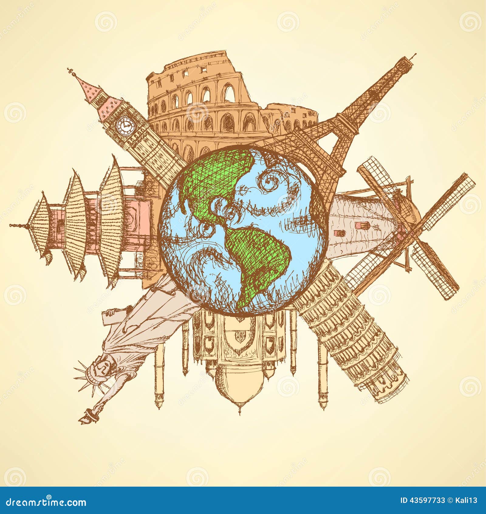 Sketch Famous Buildings Around Planet Earth Stock Vector - Illustration ...