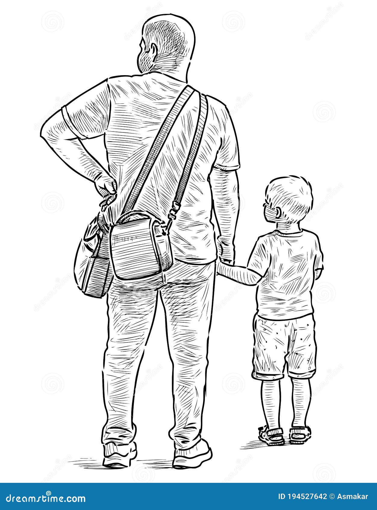 Sketch of a Father with His Little Son on a Stroll on Summer Day Stock ...