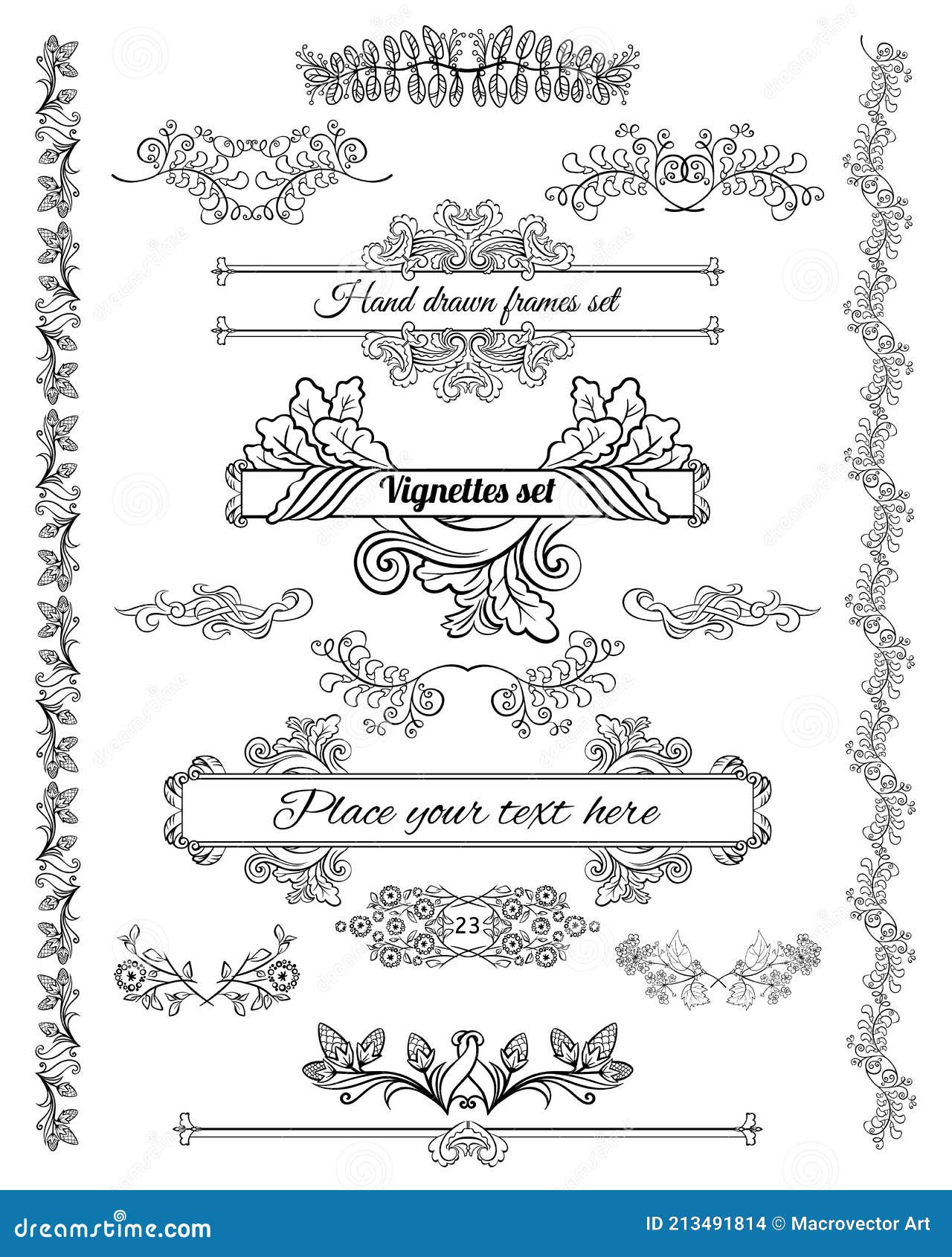 Sketch Floral Decorative Design Elements Set of Beautiful Frames Corner ...