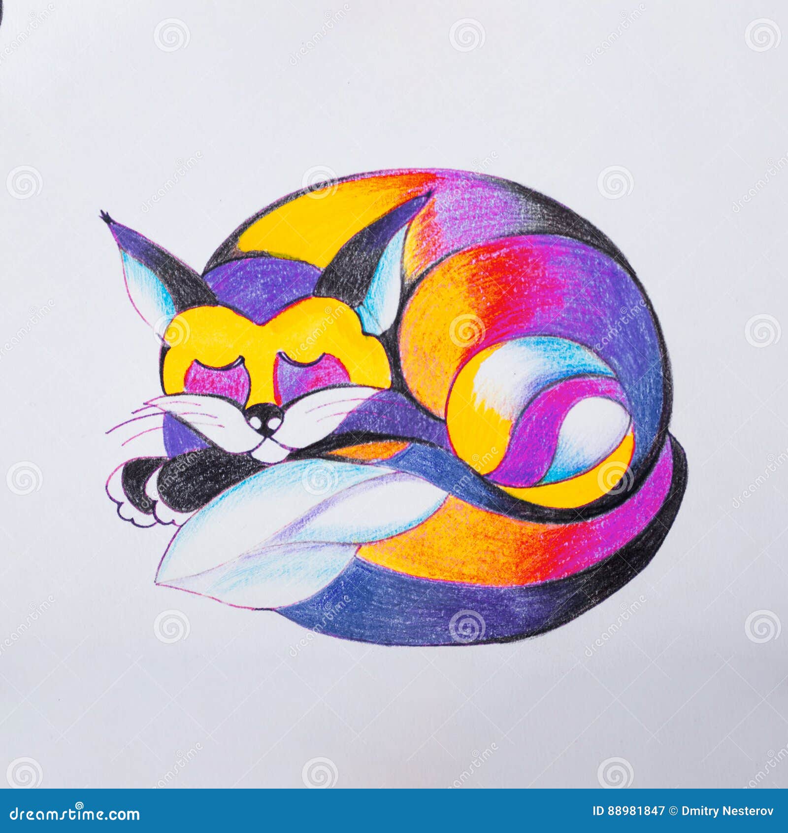 Sketch of a Fox Which Curled Up and Asleep. Stock Image - Image of ...