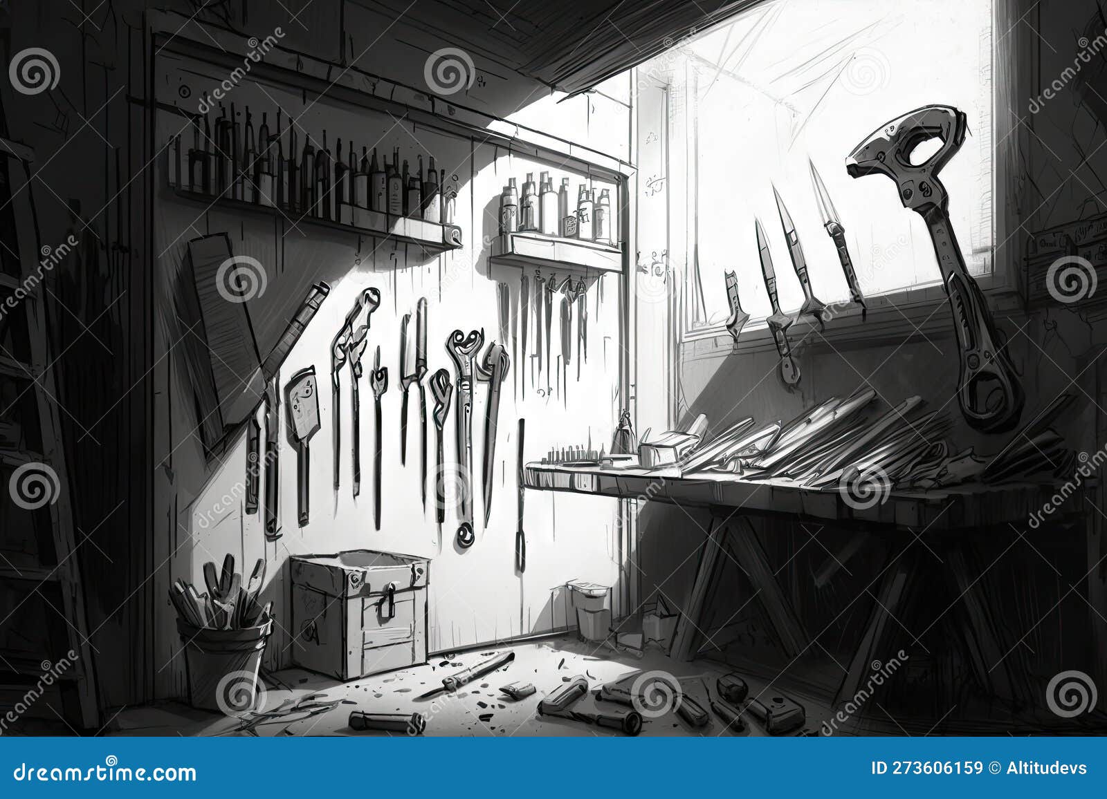 Sketch of a Garage with Tools Hung on the Walls, Including Hammers and ...