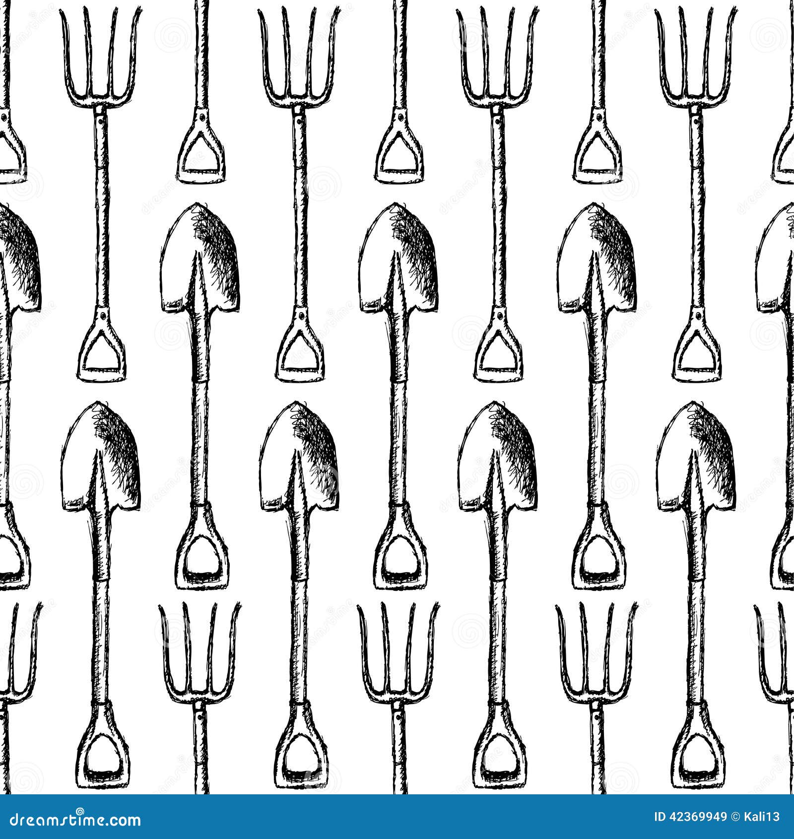 Sketch Garden Shovel and Fork, Vector Seamless Pattern Stock Vector ...