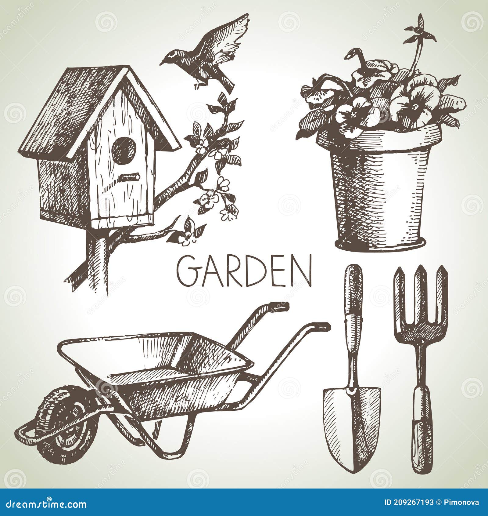 Sketch Gardening Set. Hand Drawn Design Elements Stock Illustration ...