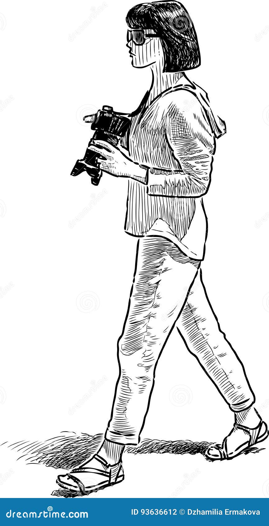 Sketch of a Girl with a Camera Stock Vector - Illustration of lifestyle ...