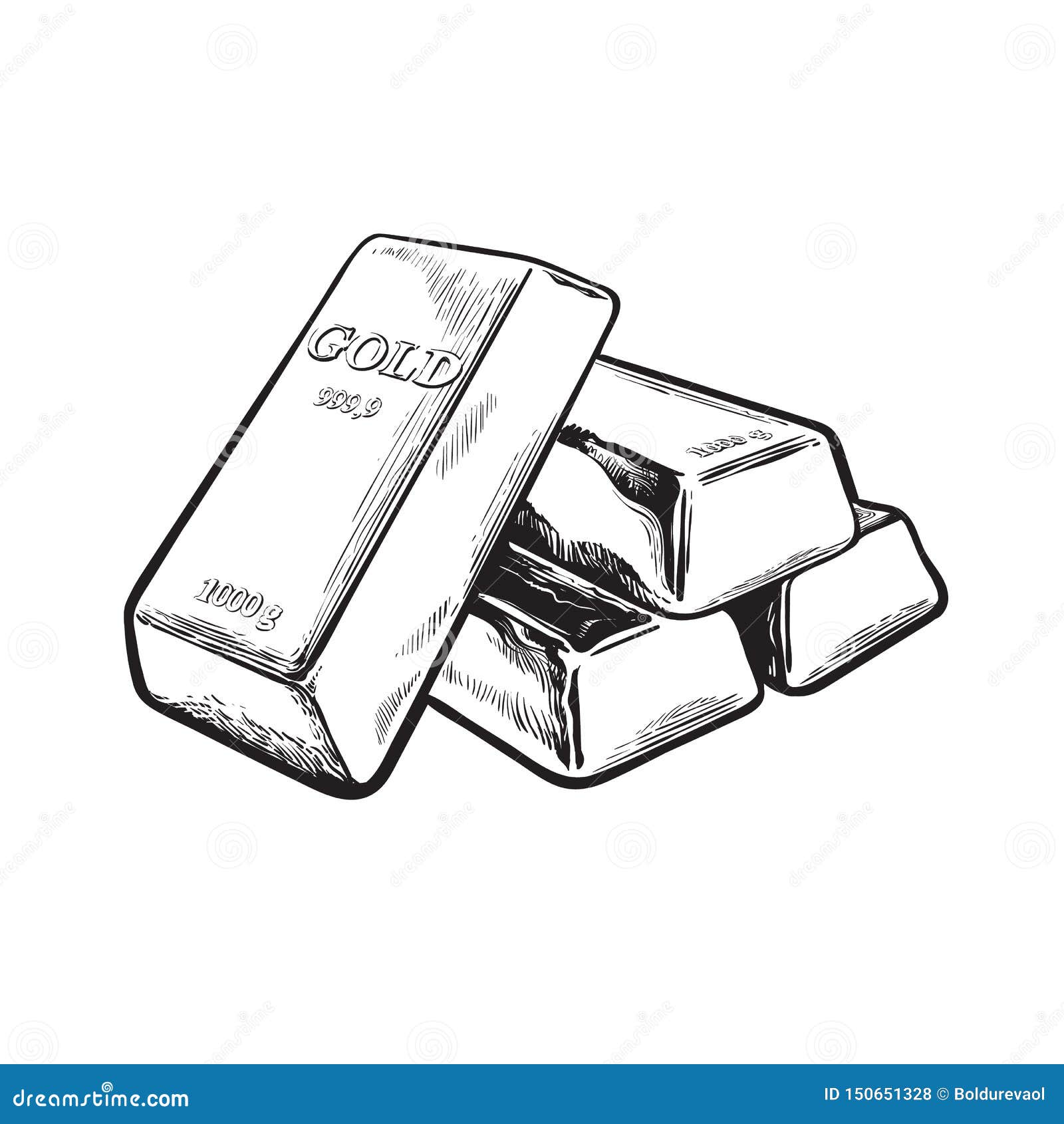 Sketch of Gold Bar Ingots. Black and White Vector Illustration. Stock ...