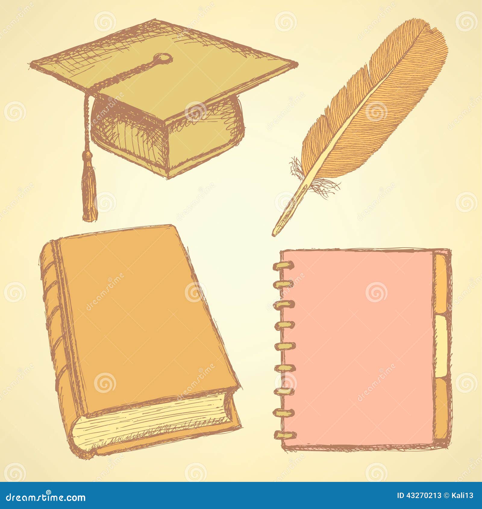 Sketch Graduation Cap, Feather, Notebook and Book Stock Illustration ...