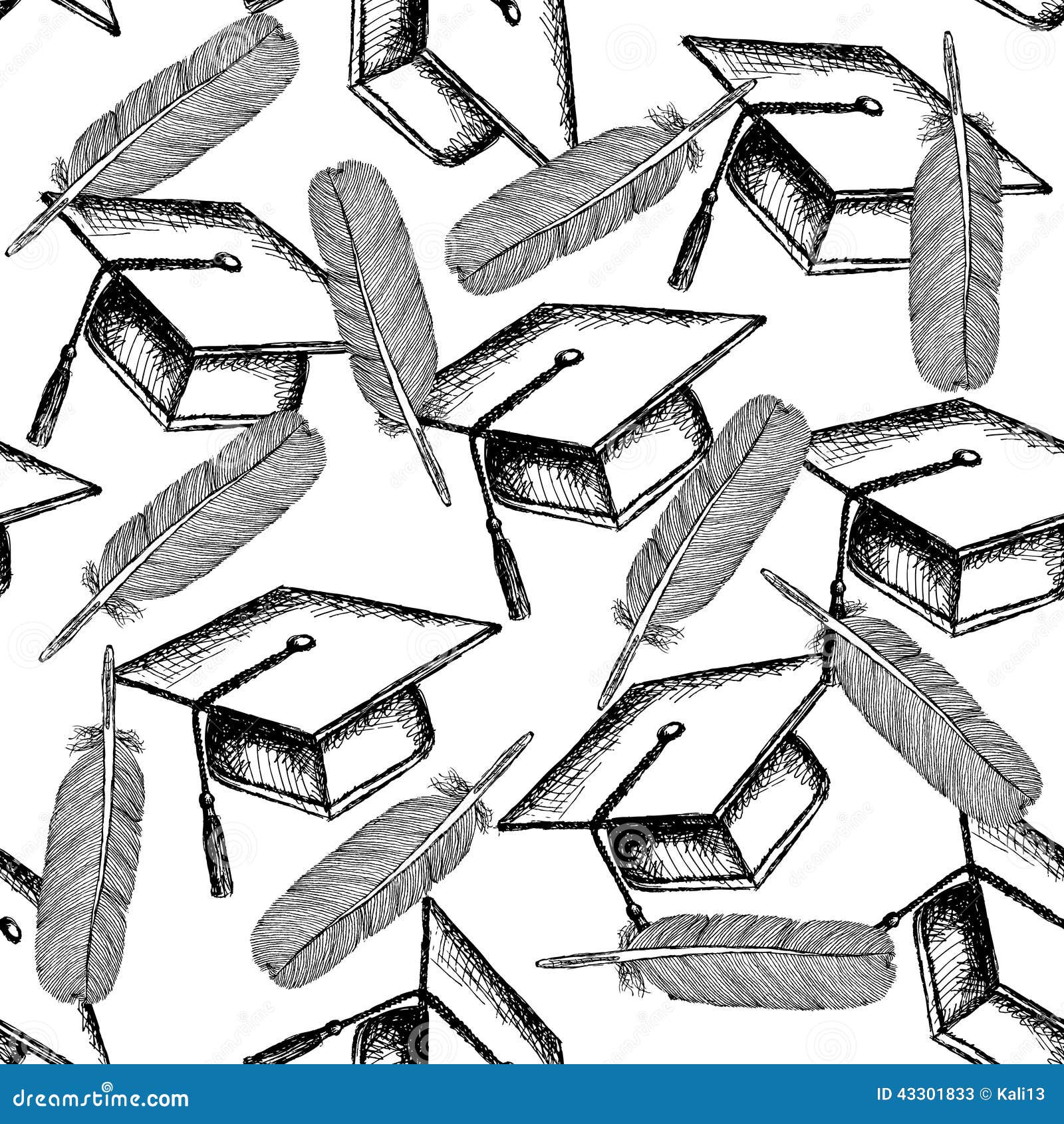 Sketch Graduation Cap with Feather Pen Stock Vector - Illustration of ...