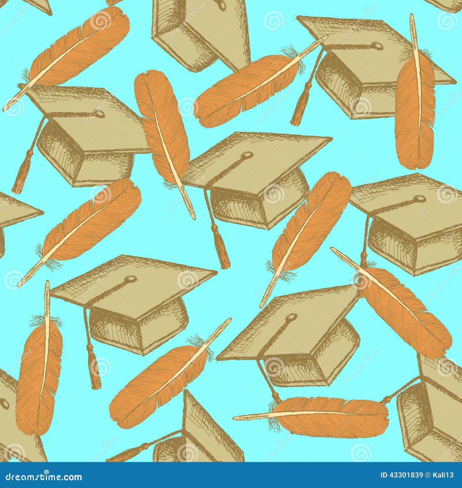 Sketch Graduation Cap with Feather Pen Stock Vector - Illustration of ...