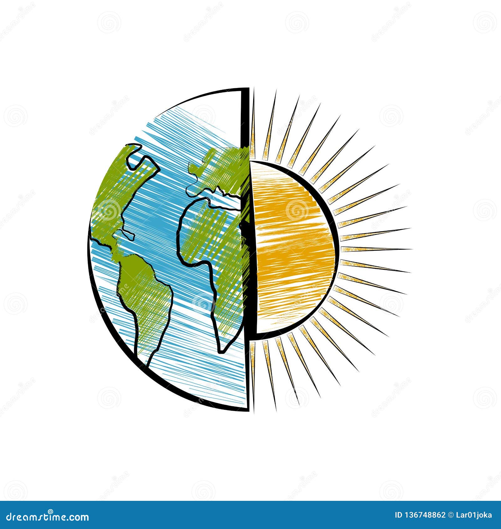 Sketch of a Half Earth with a Sun Stock Vector - Illustration of ...