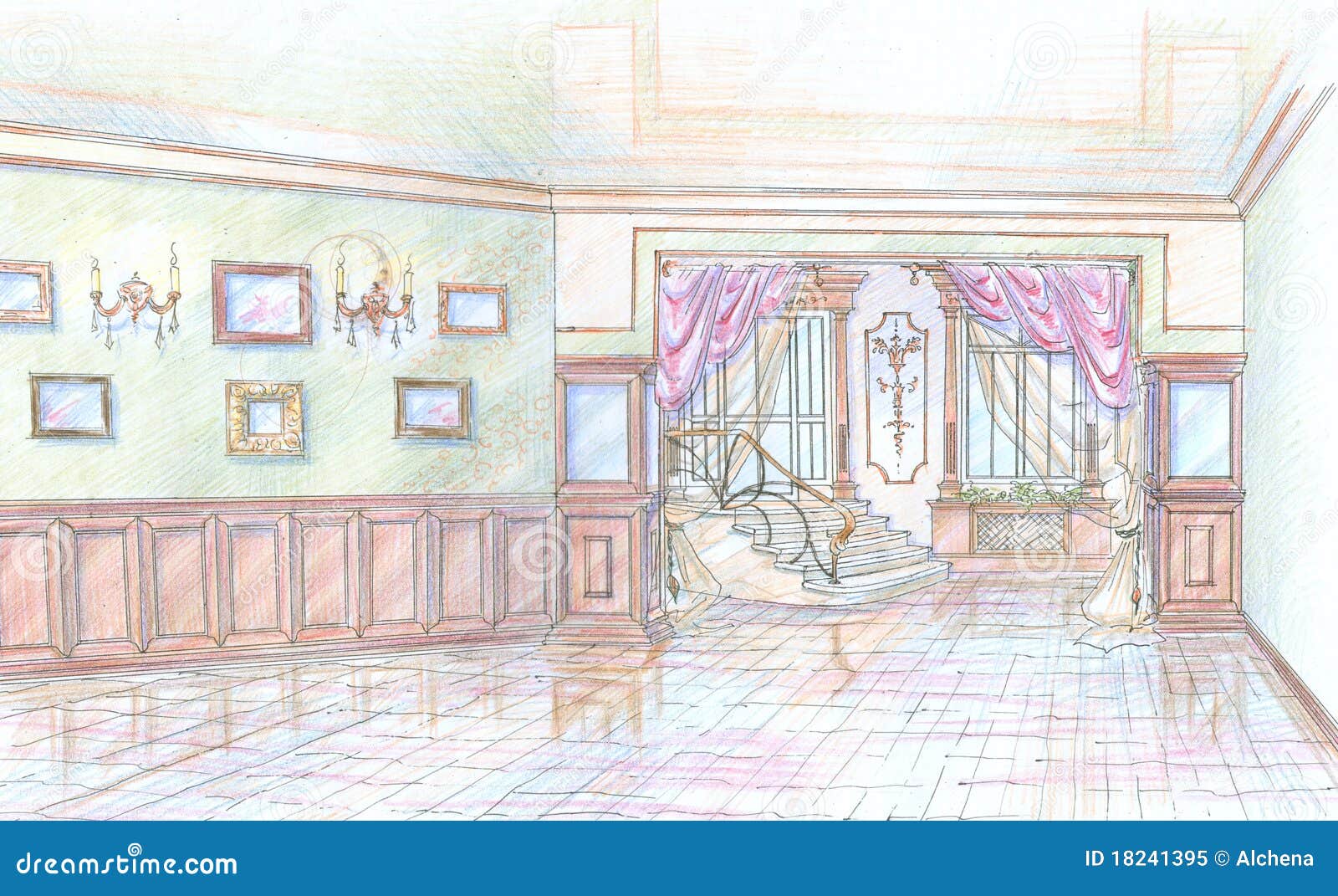 Sketch of Hall of Building with Ladder Stock Illustration ...