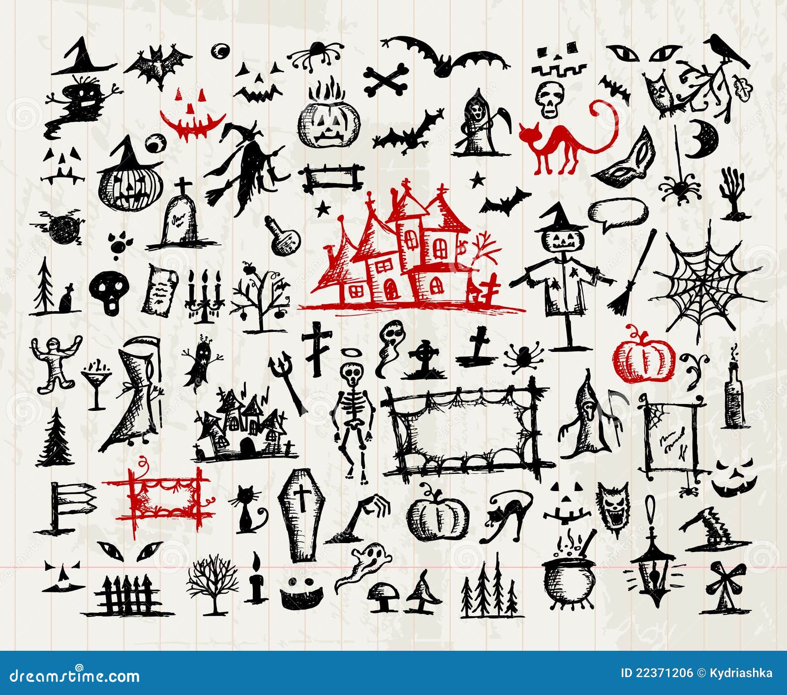 Halloween Design Elements Set. Scary Characters, Ghosts, Grave, Witch ...