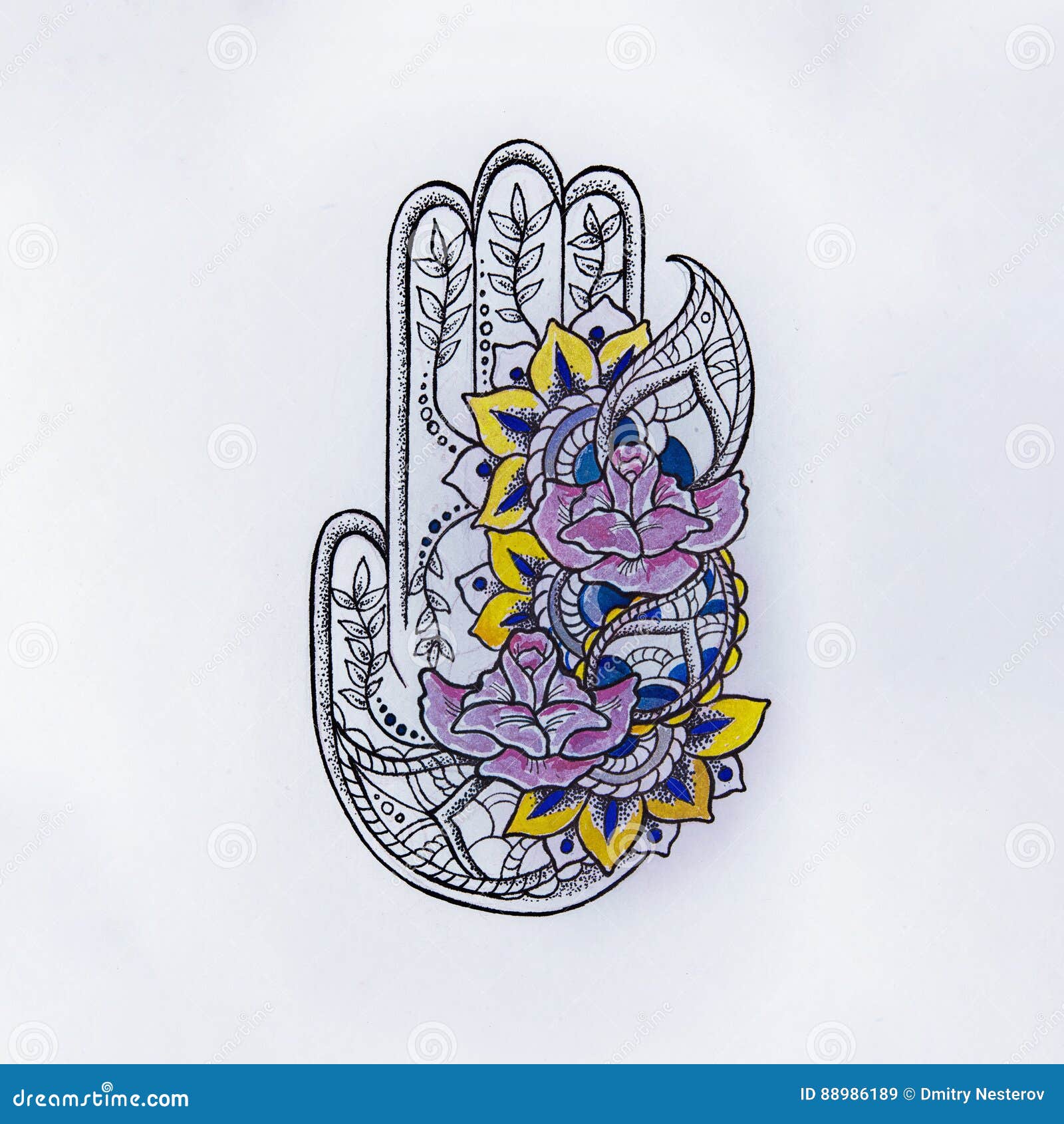Sketch of Hamsa with Patterns on White Background. Stock Image - Image ...