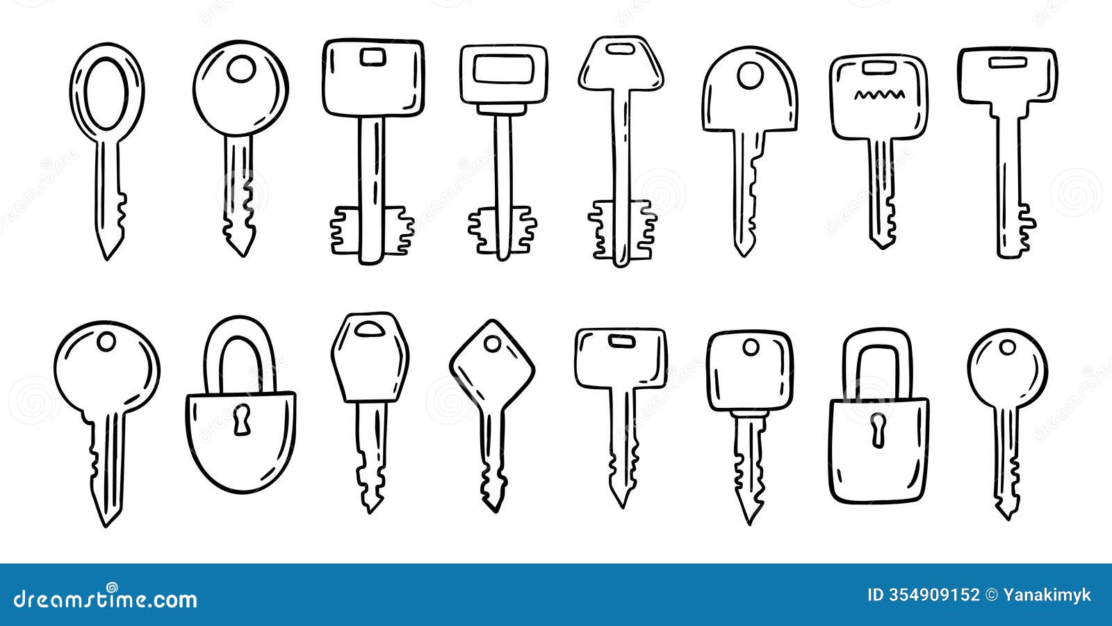 Sketch Hand Drawn Doodle Key Icon Set. Vintage Locks and Keys. Outline ...