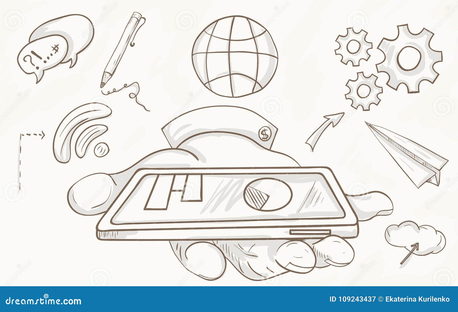 Sketch Hand with Phone Symbols Technology and Communication Stock ...