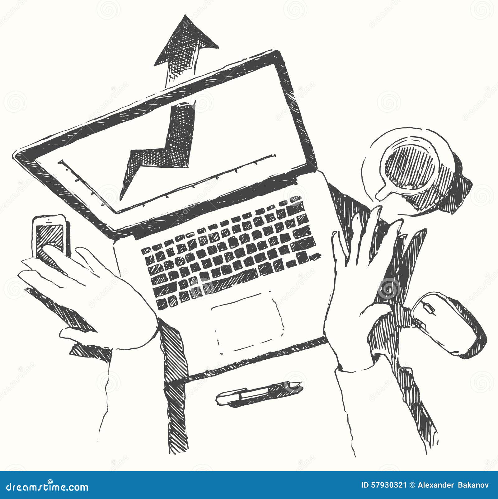 Sketch Hands Computer Man Office Top View Drawn Stock Vector ...
