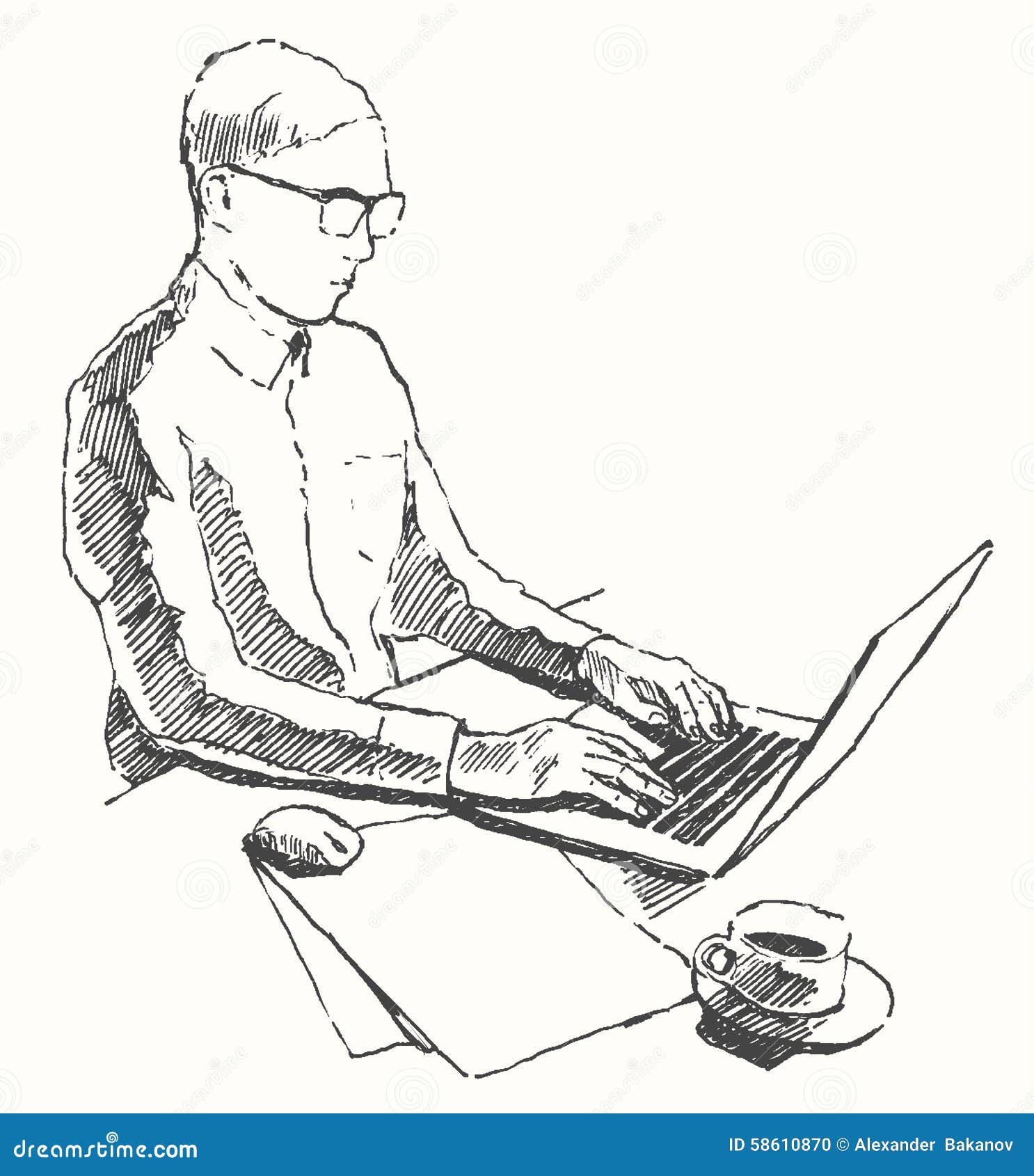 Sketch Hands Computer Man Office Top View Drawn Stock Vector ...