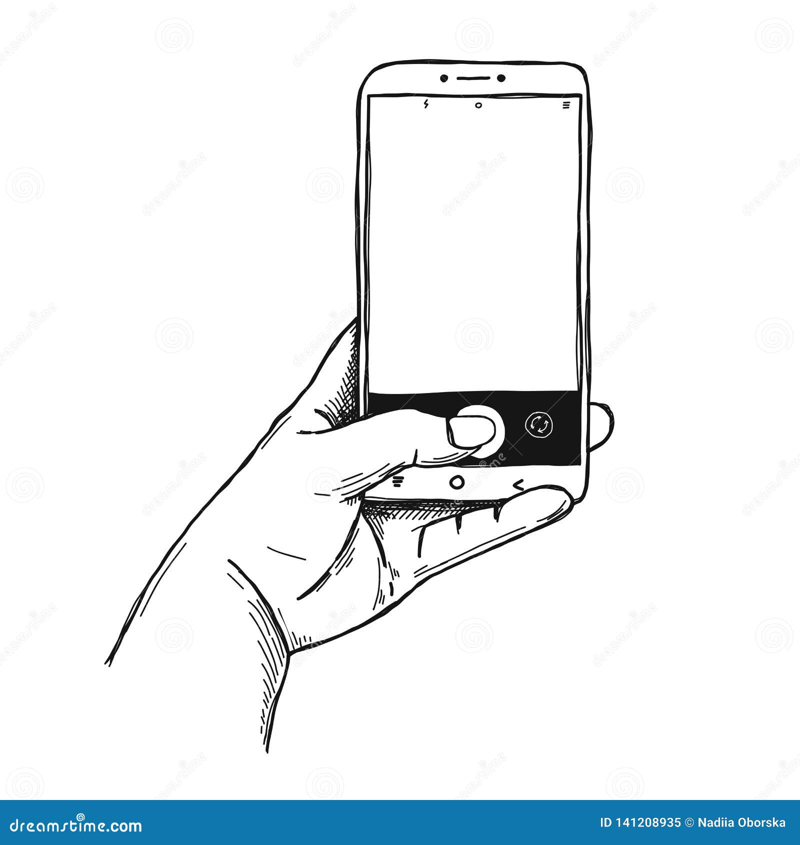 Sketch Hands with the Phone. Hand Holds the Smartphone and Finger ...