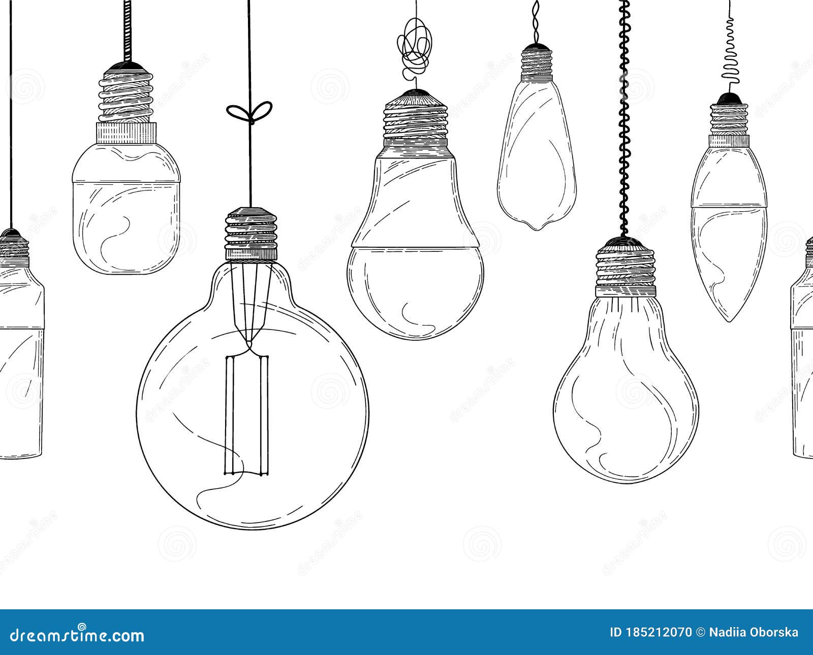 Sketch of Hanging Light Bulbs Isolated on a White Background. Seamless ...