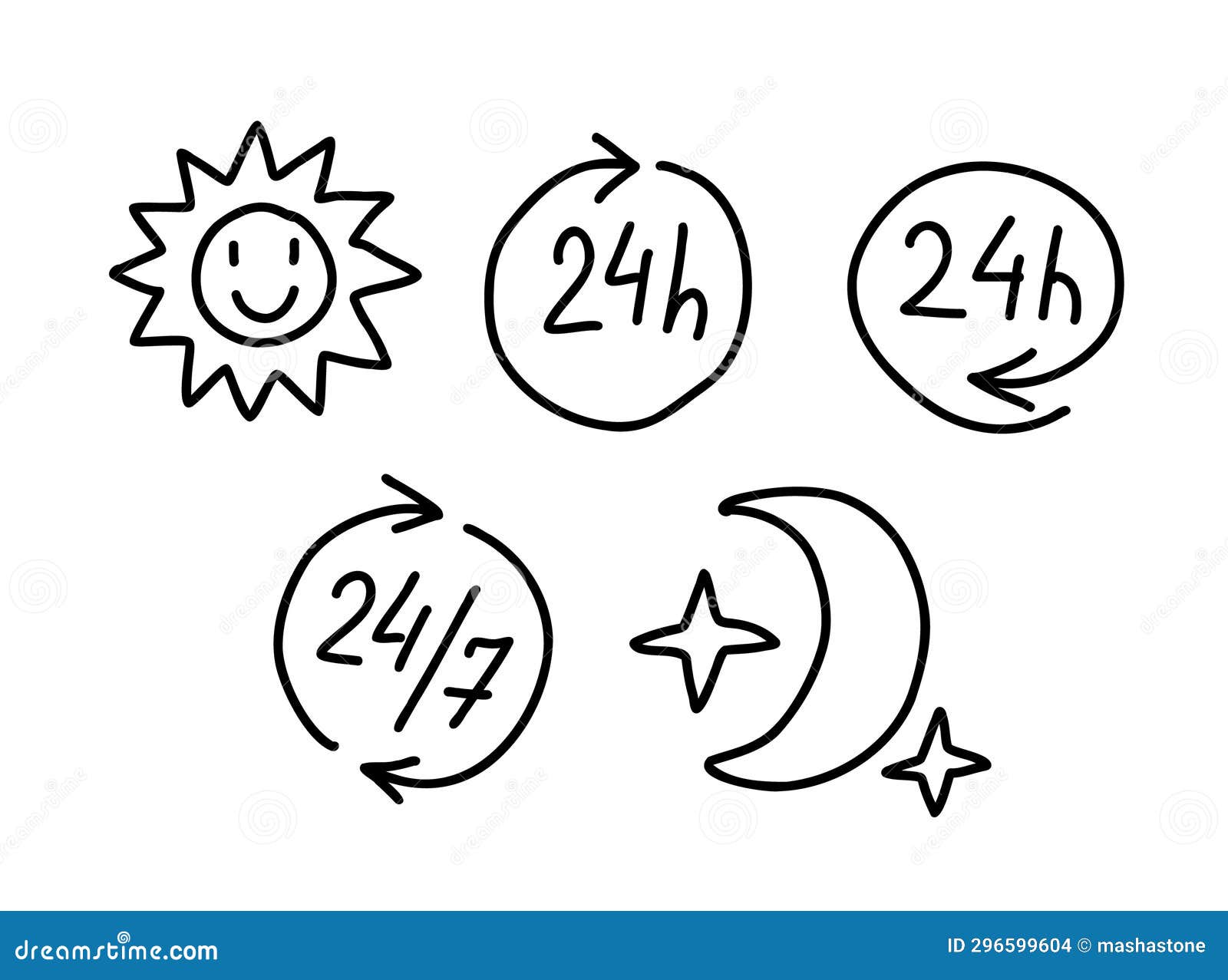 24 Hours Open Hand Drawn Line Vector Icons. Sun and Moon Doodles. Stock Illustration ...