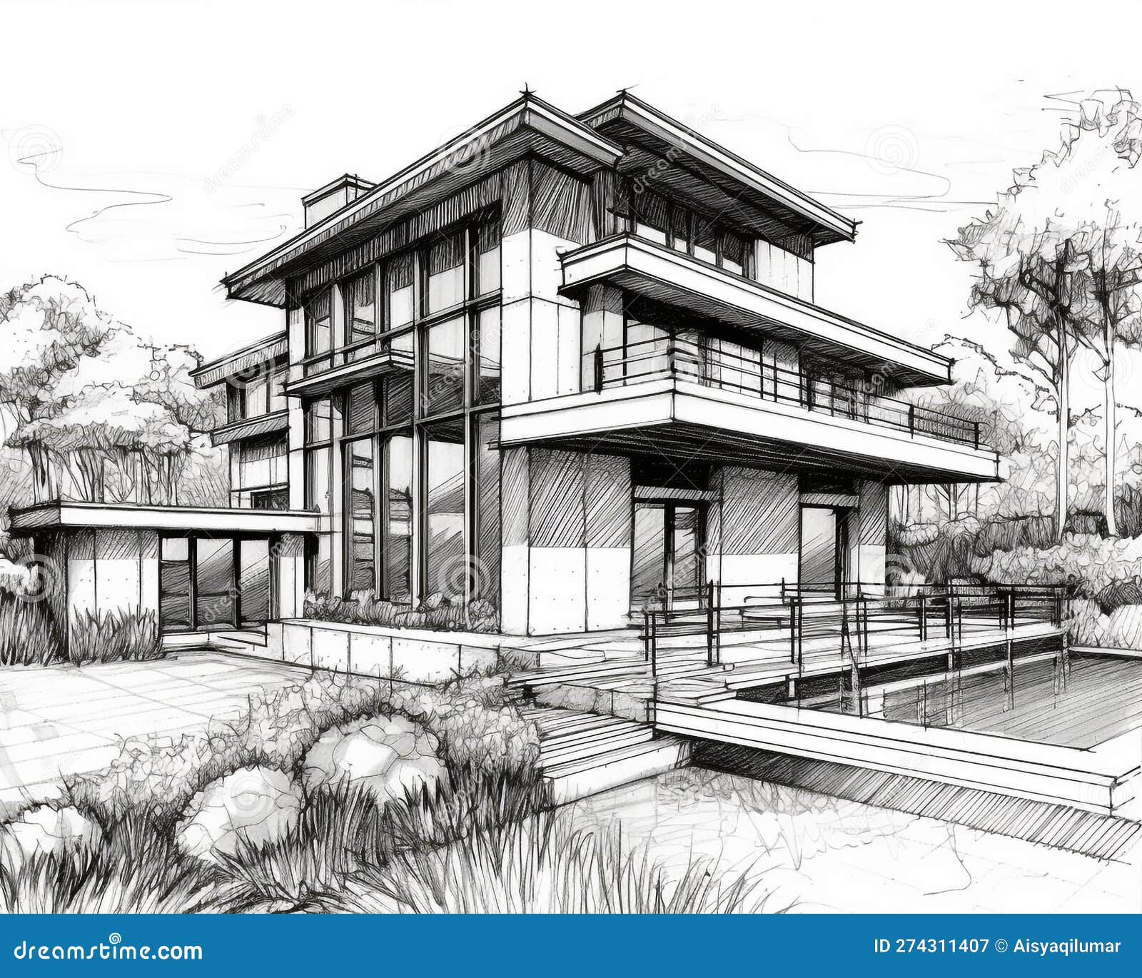 Sketch Illustration of a Modern Style House that Has a Swimming Pool in ...