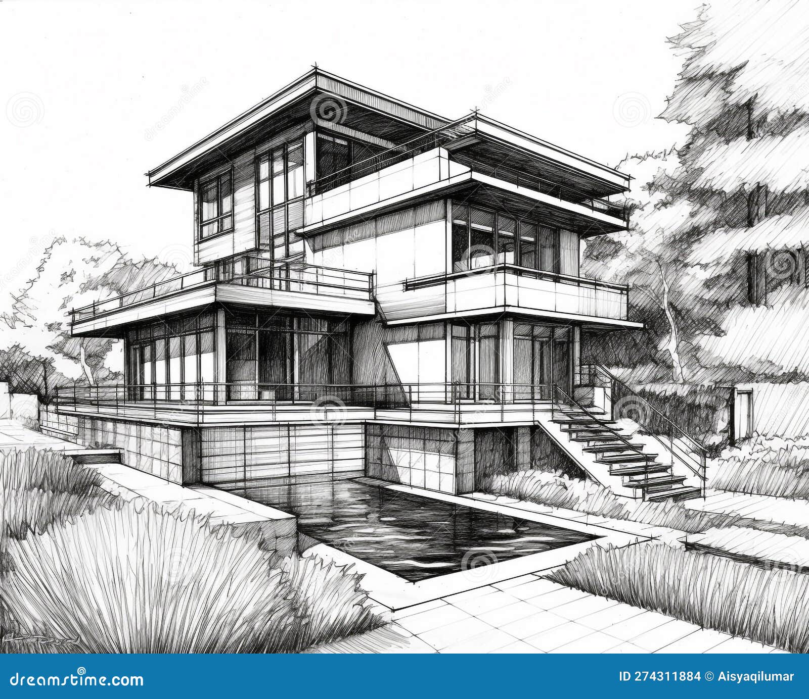 Sketch Illustration of a Modern Style House that Has a Swimming Pool in ...