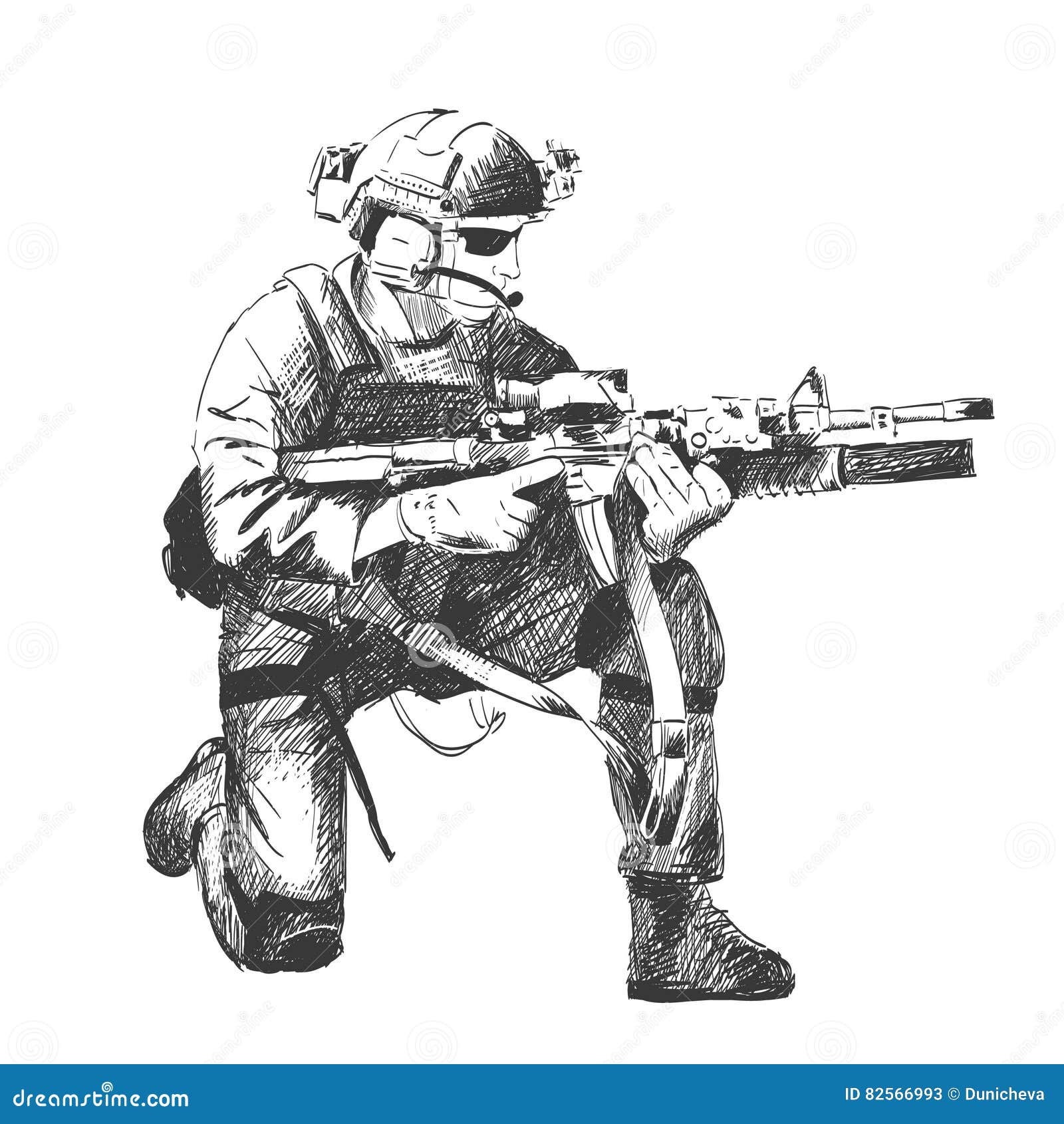 Sketch Illustration of a Soldier Kneel Down Aiming a Weapon Stock ...