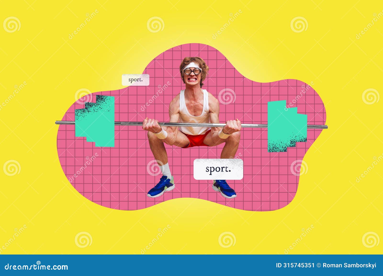 Sketch Image Composite Artwork Collage of Weak Guy Lift Barbell Do Work ...