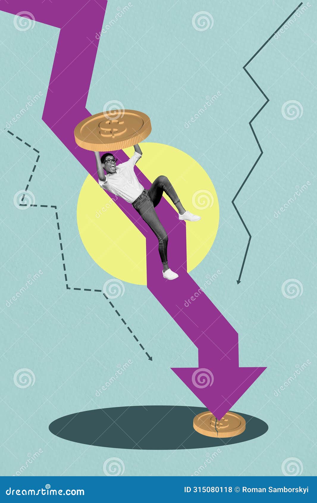 Sketch Image Composite Photo Collage of Black White Young Lady Fall Down Huge Arrow Loss Money ...