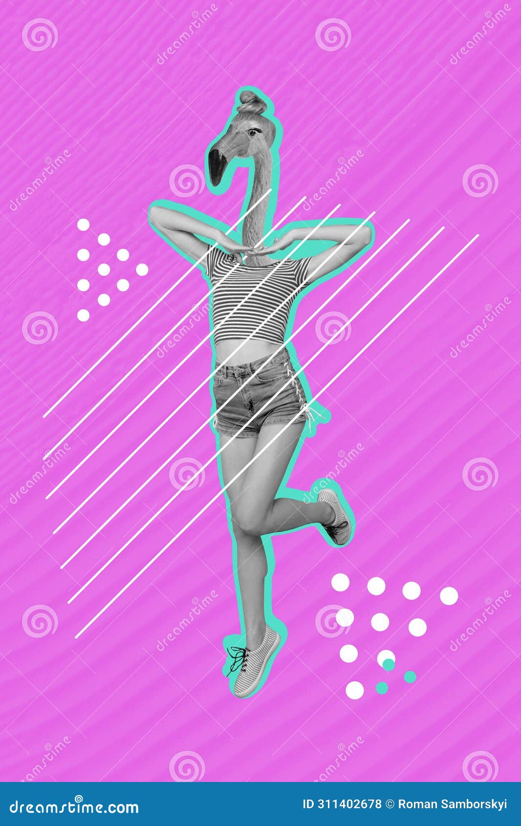 Sketch Image Composite Trend Artwork 3d Photo Collage Of Abstract Headless Lady Flamingo Bird