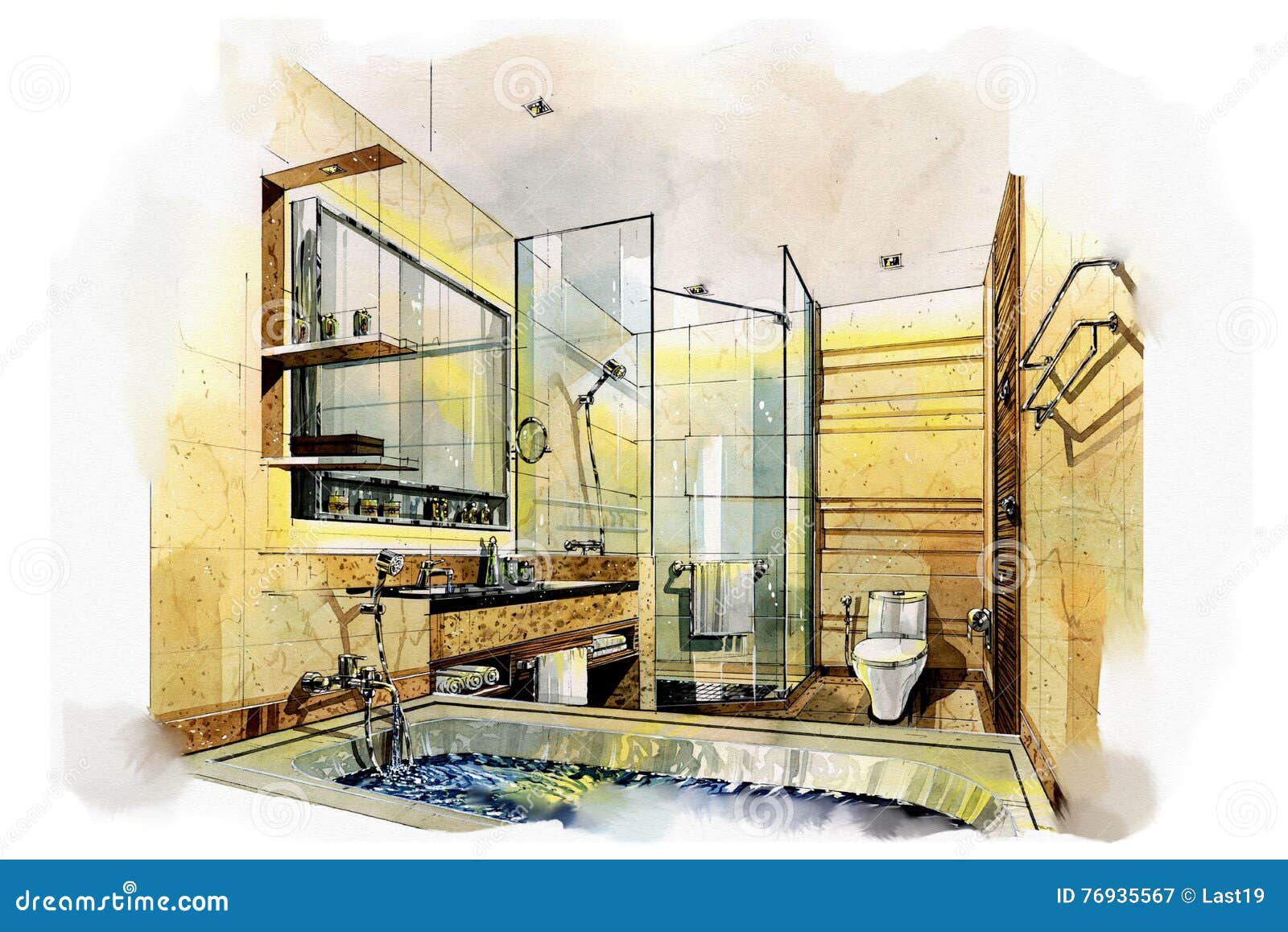 Sketch Interior Bath Room into a Watercolor Stock Illustration ...