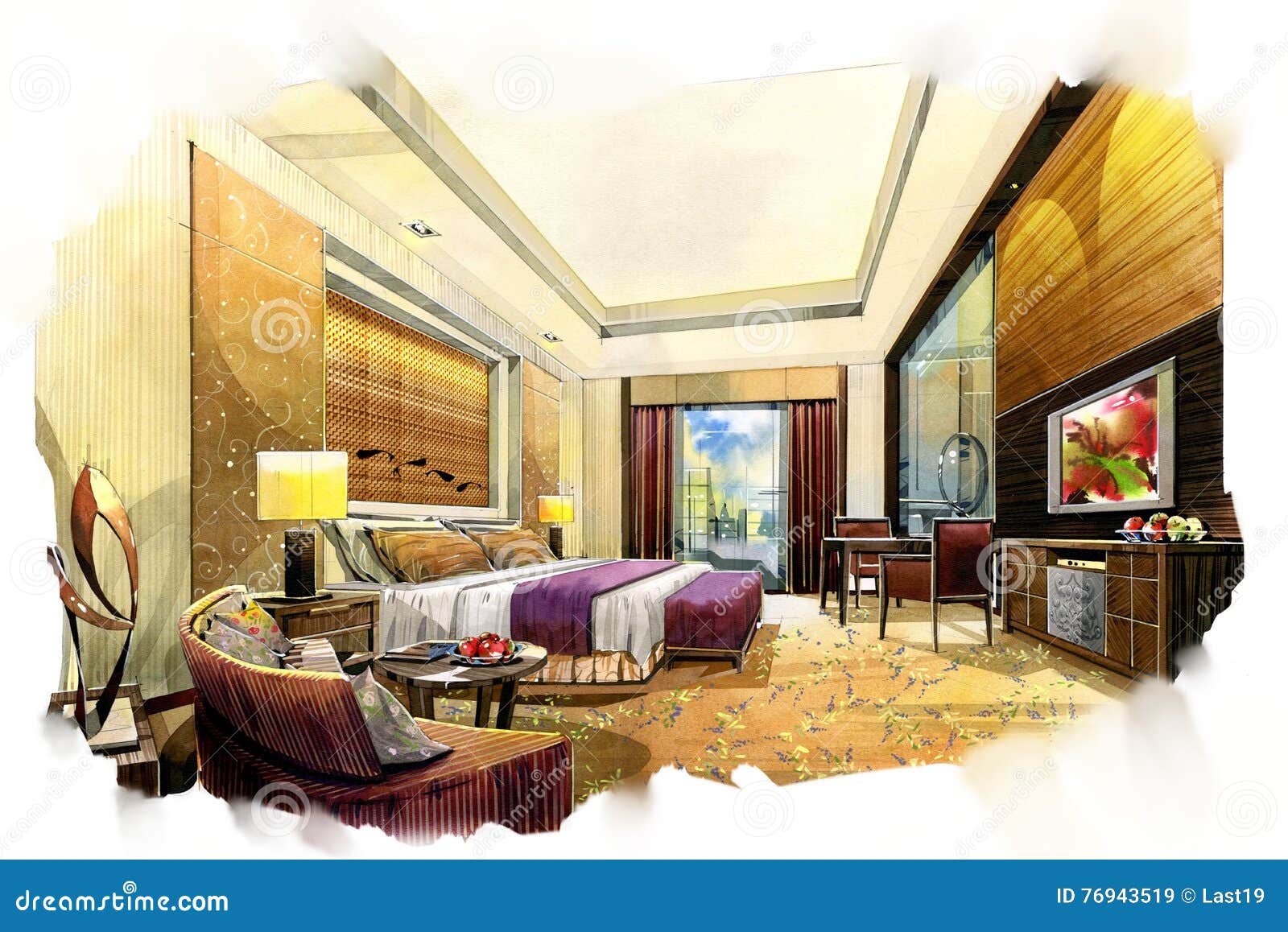 Sketch Interior Bedroom into a Watercolor Stock Illustration ...