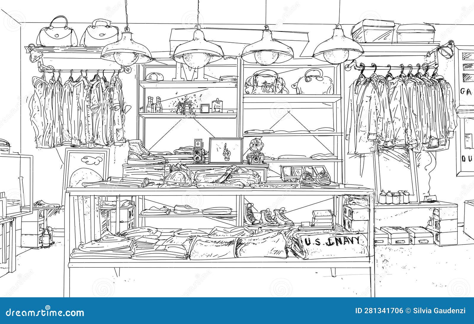 Sketch of the Interior of a Clothing Store. Vector Illustration Stock ...