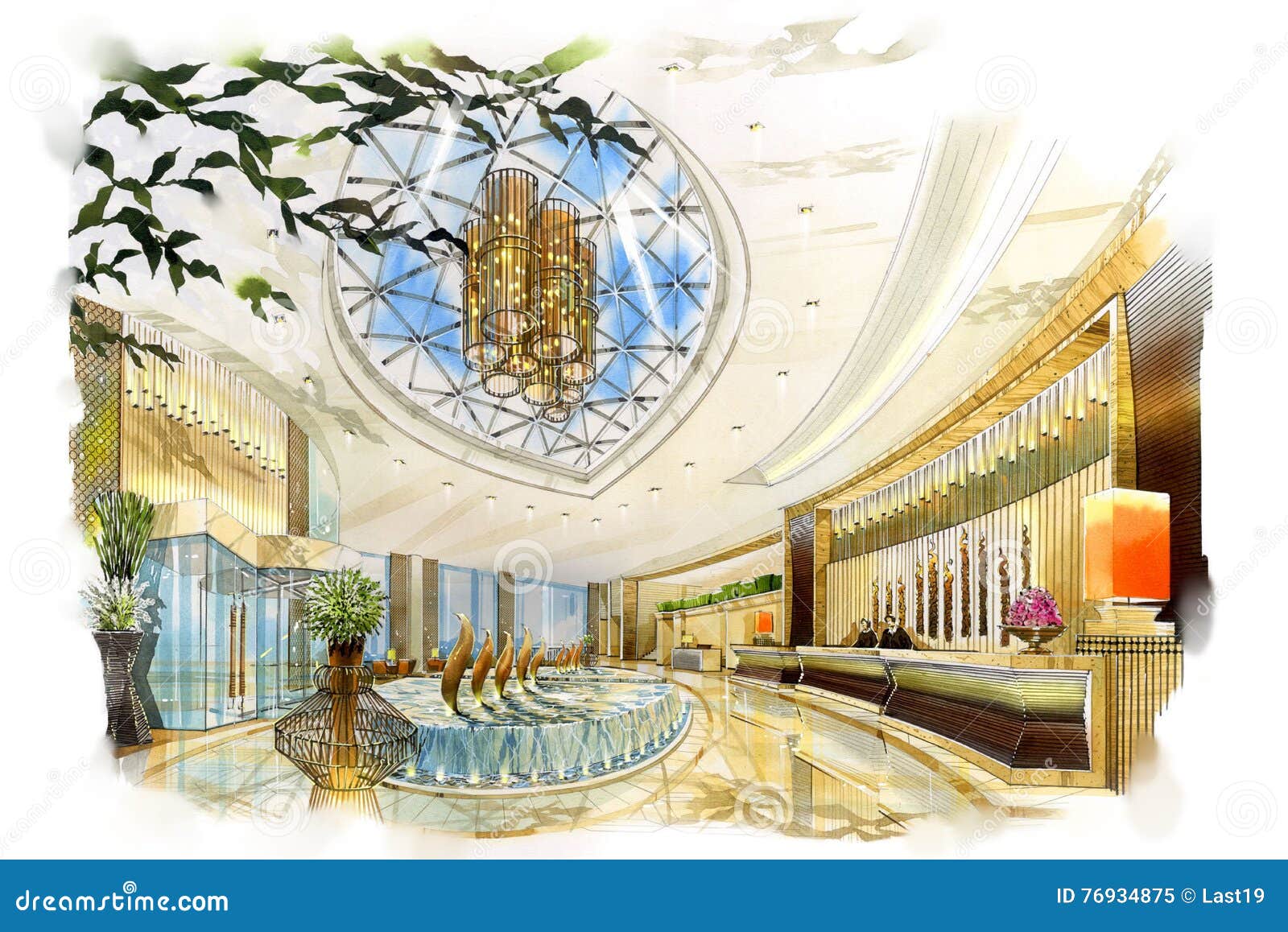 Sketch Interior Lobby into a Watercolor Stock Illustration ...
