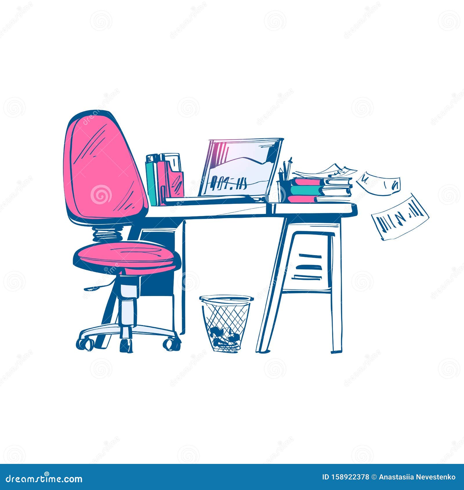 Sketch Interior Office Workplace with Computer and Documents Stock ...