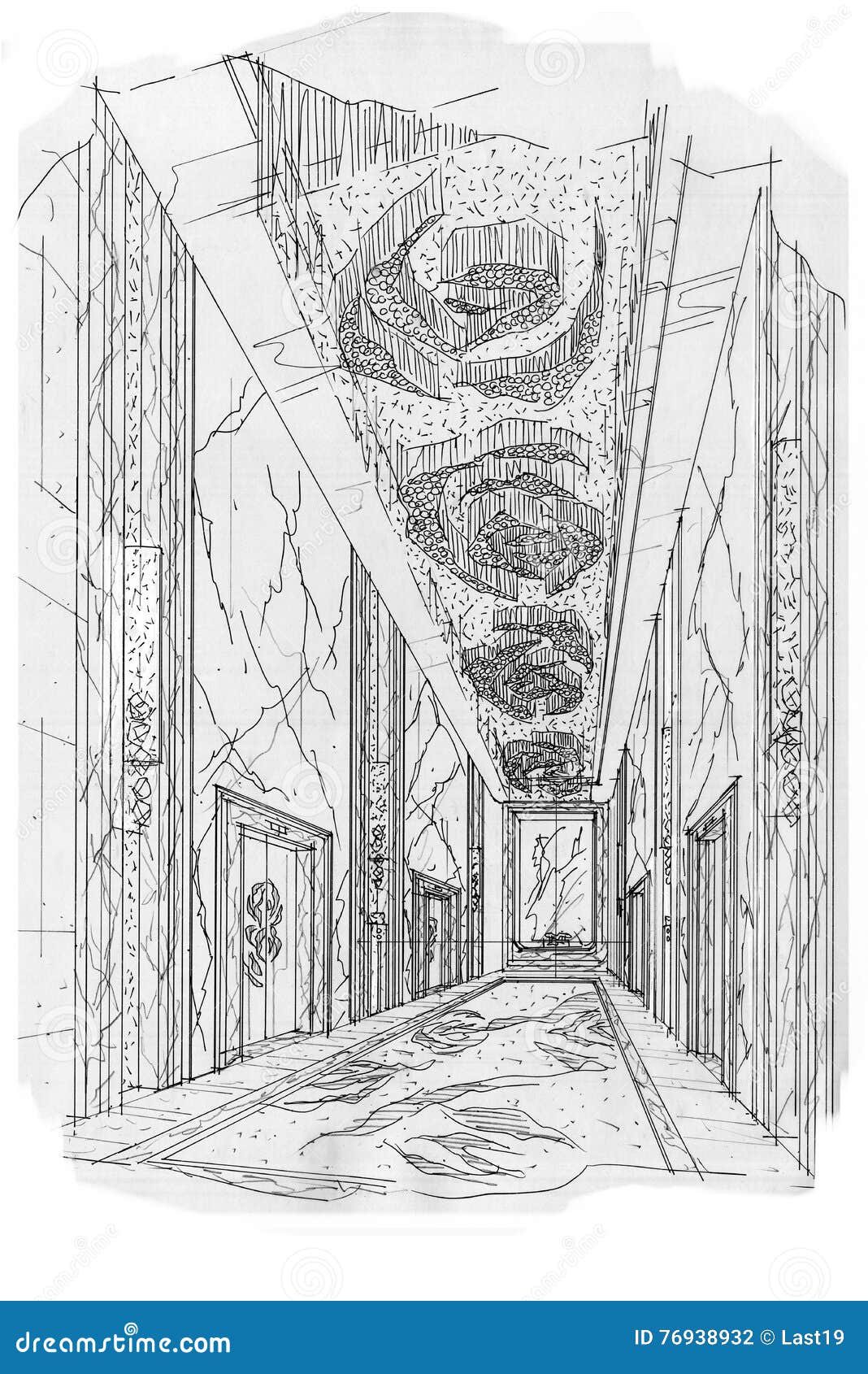 Sketch Interior Perspective Lift Hall Stock Illustration - Illustration ...