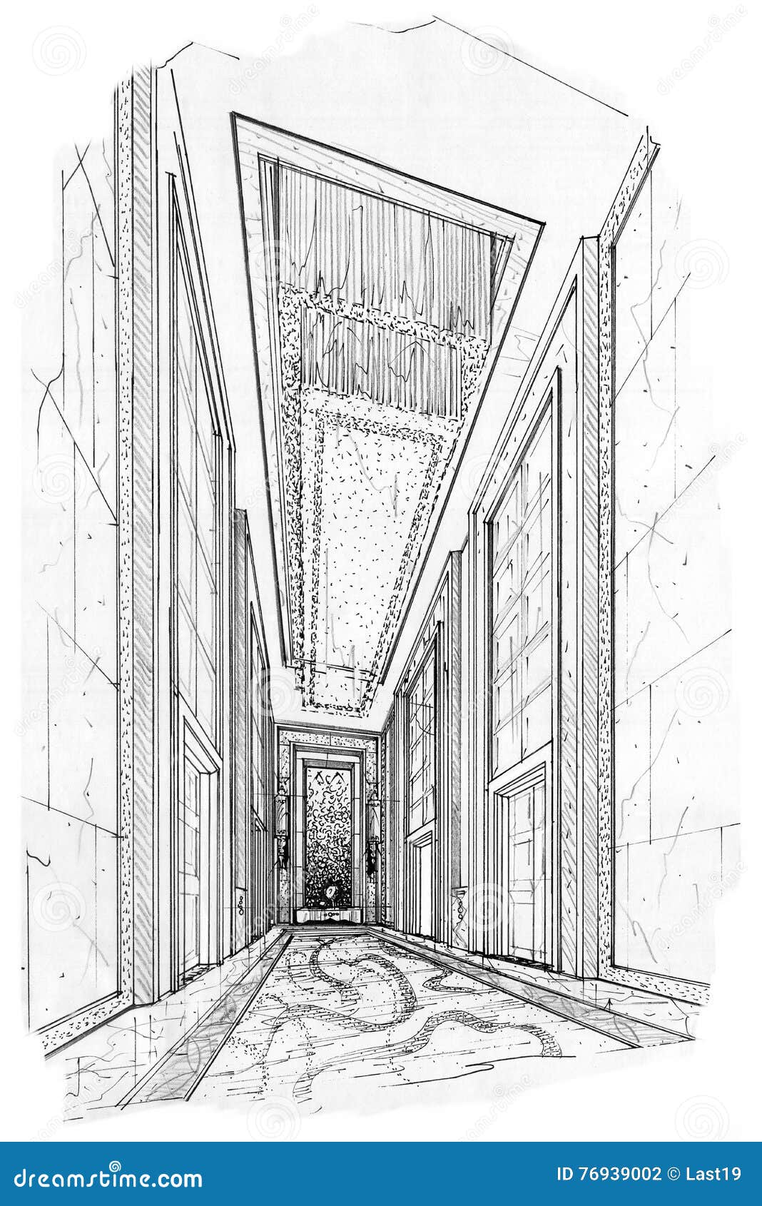 Sketch Interior Perspective Lift Hall Stock Illustration - Illustration ...