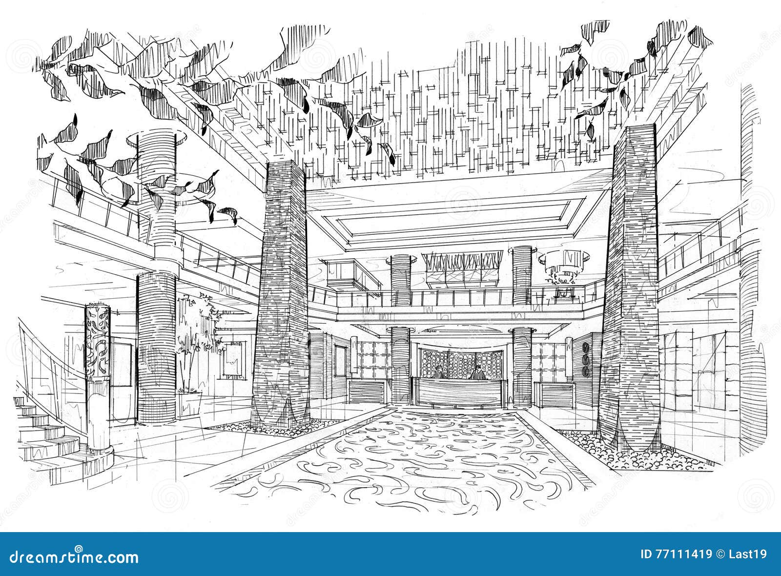 Sketch Interior Perspective Lobby Hall, Black and White Interior Design ...