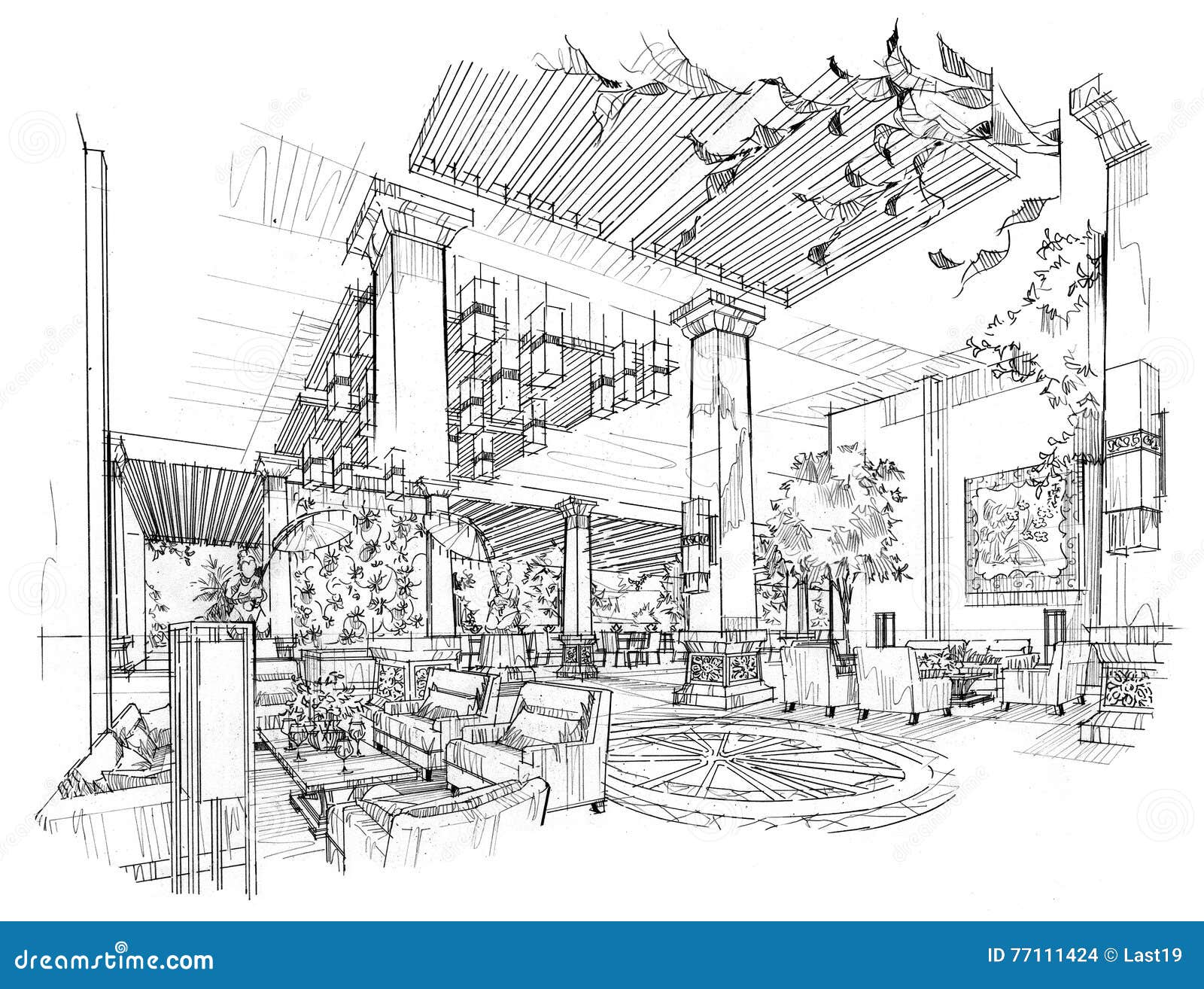 Sketch Interior Perspective Lobby Hall, Black and White Interior Design ...