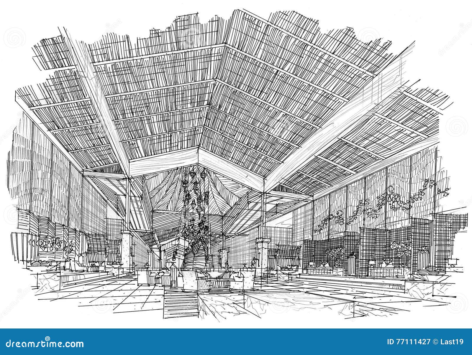 Sketch Interior Perspective Lobby Hall, Black and White Interior Design ...