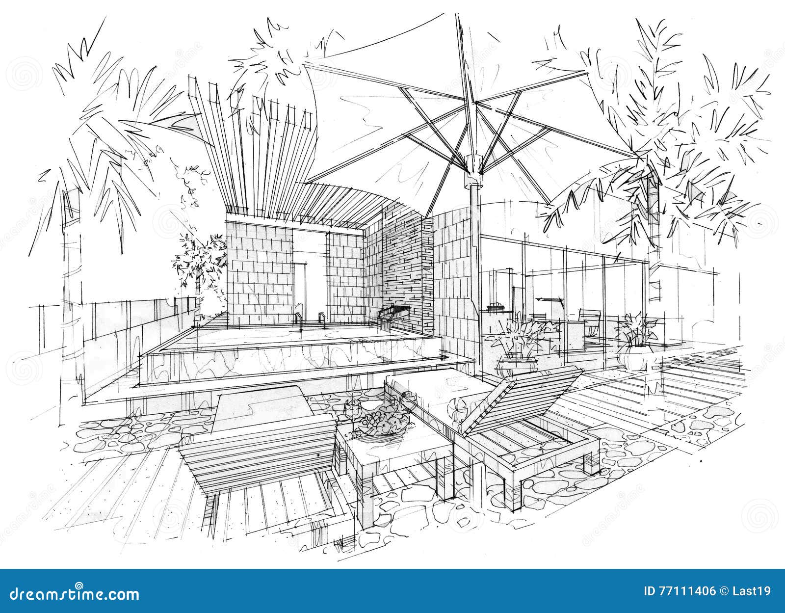 Sketch Interior Perspective Swimming Pool, Black and White Interior ...