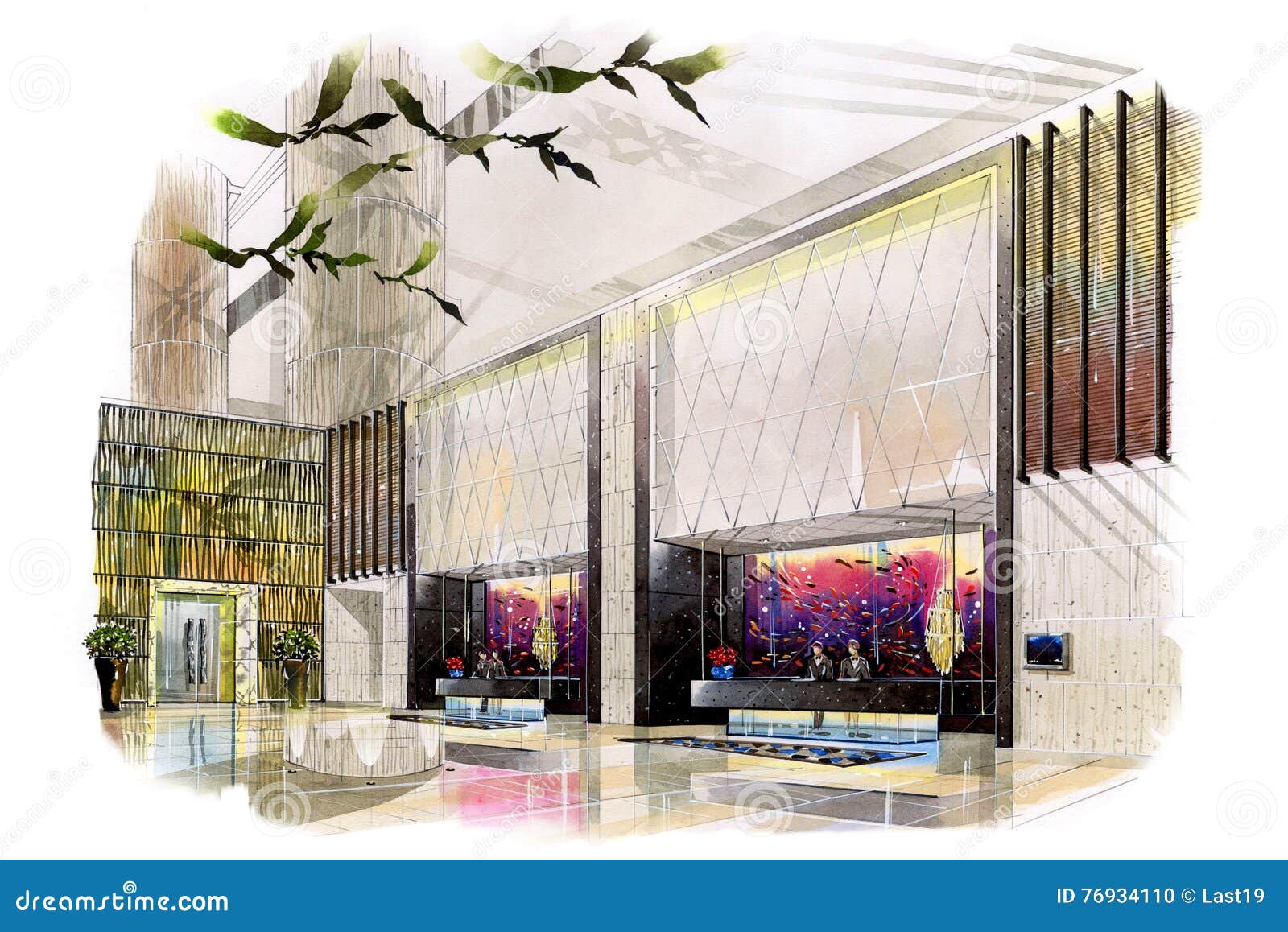 Sketch Interior Reception. into a Watercolor Stock Illustration ...