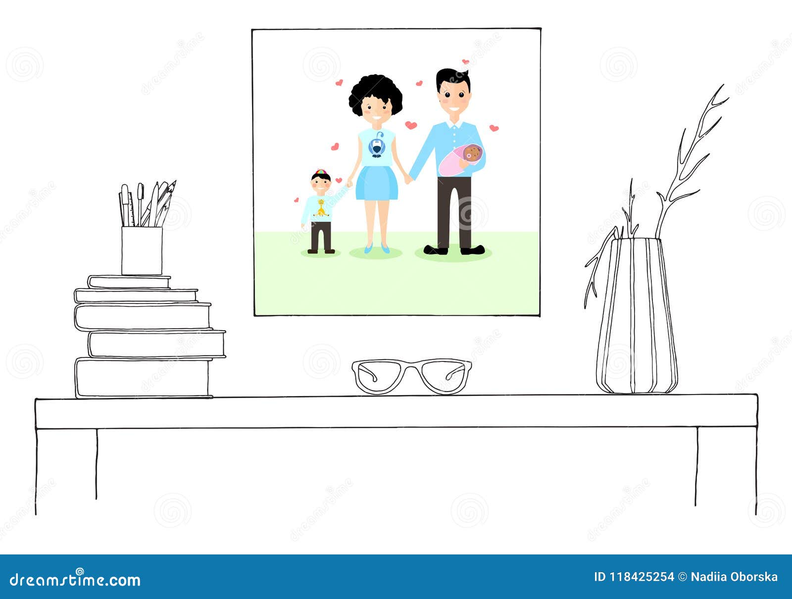 Sketch of the Interior. a Table, a Bedside Table, a Shelf with Various ...