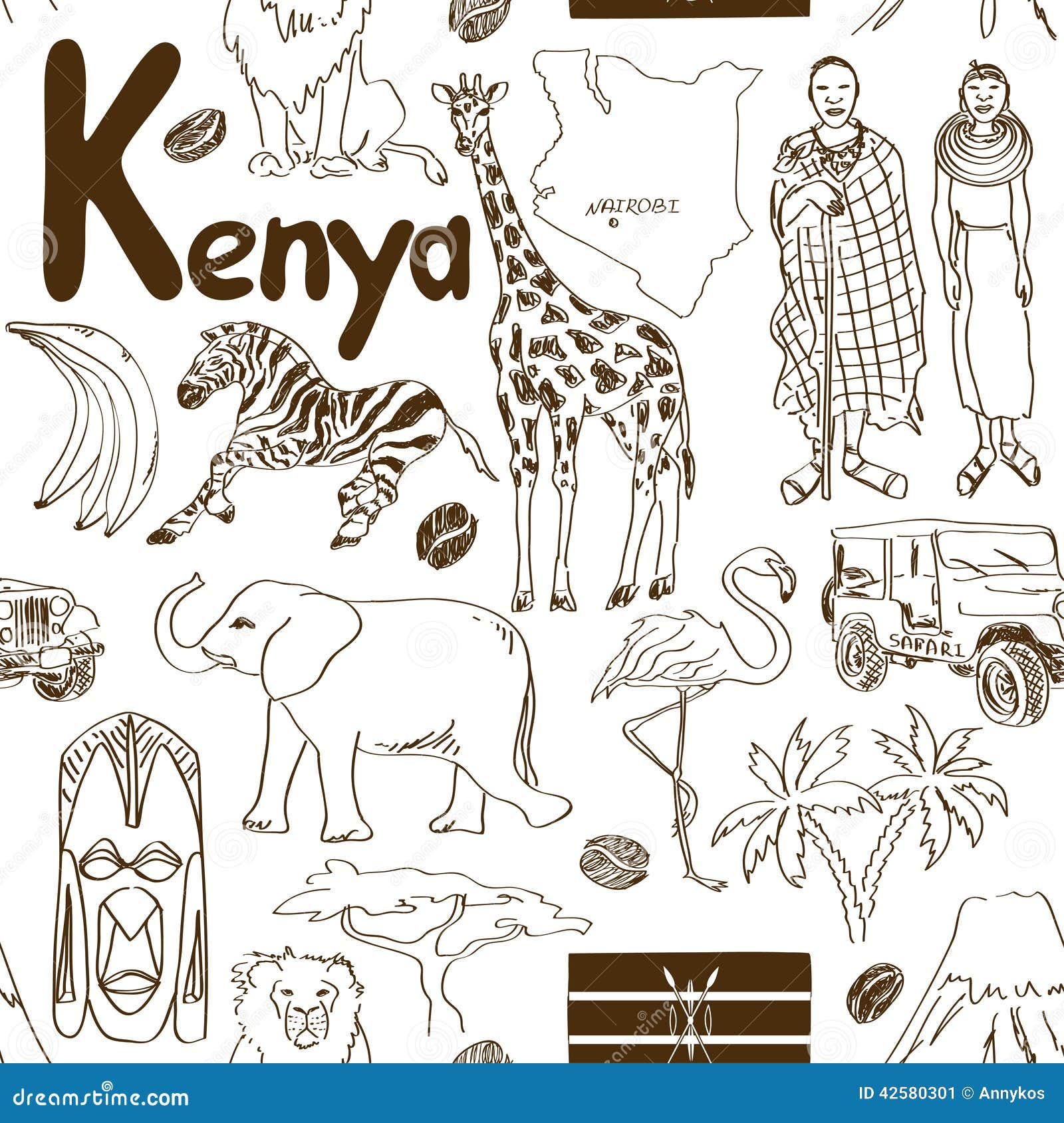 Sketch Kenya Seamless Pattern Stock Vector - Illustration of coffee ...