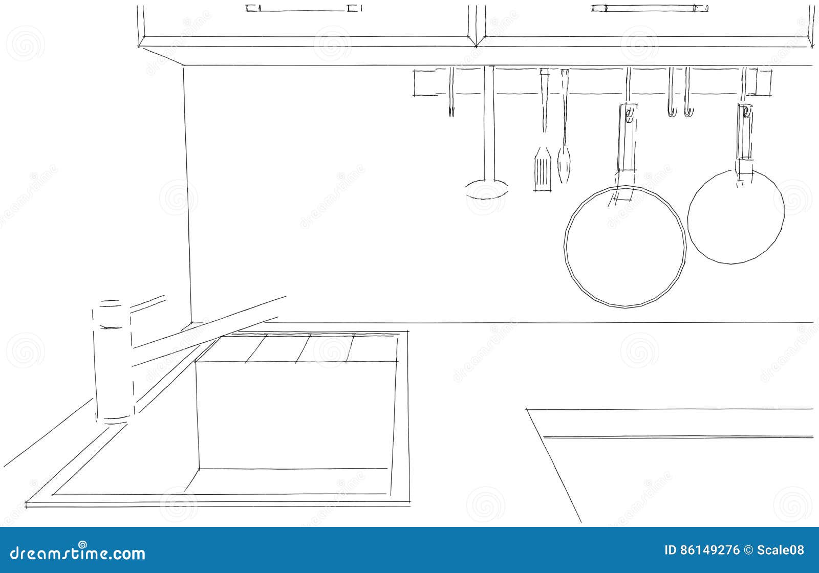 Sketch of Kitchen Corner with Sink and Kitchenware. Stock Illustration ...