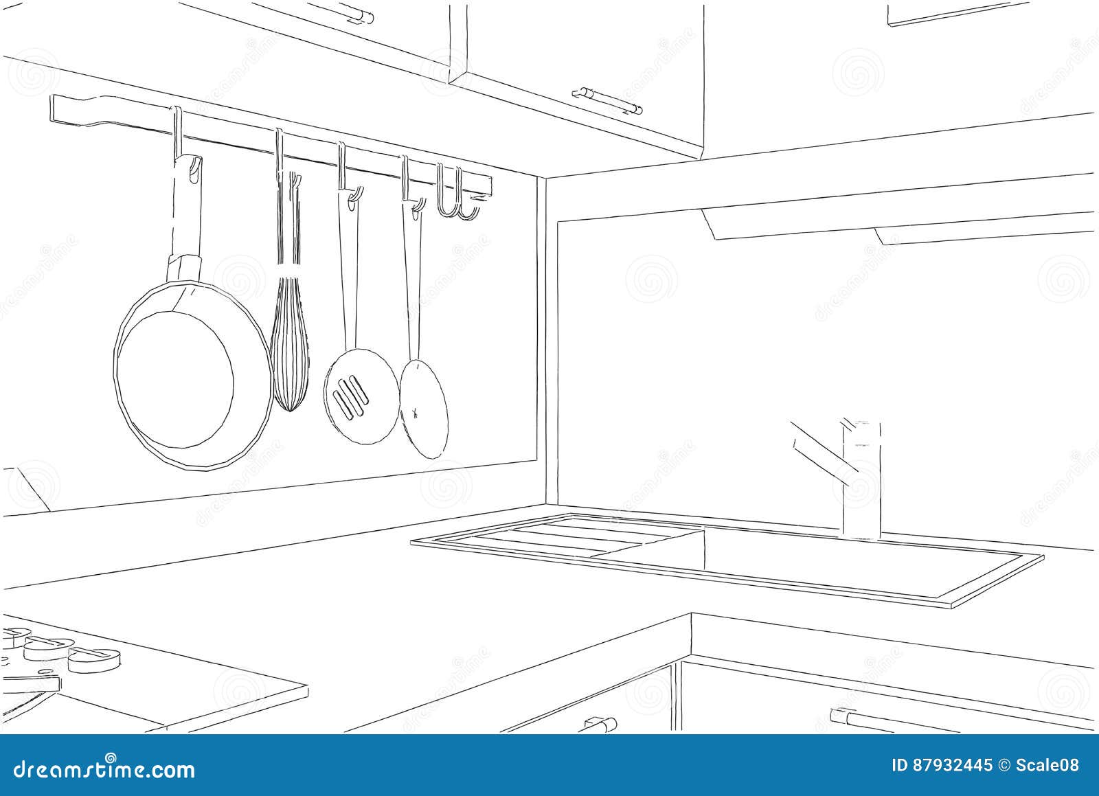 Sketch of Kitchen Corner with Utensils Stock Illustration ...