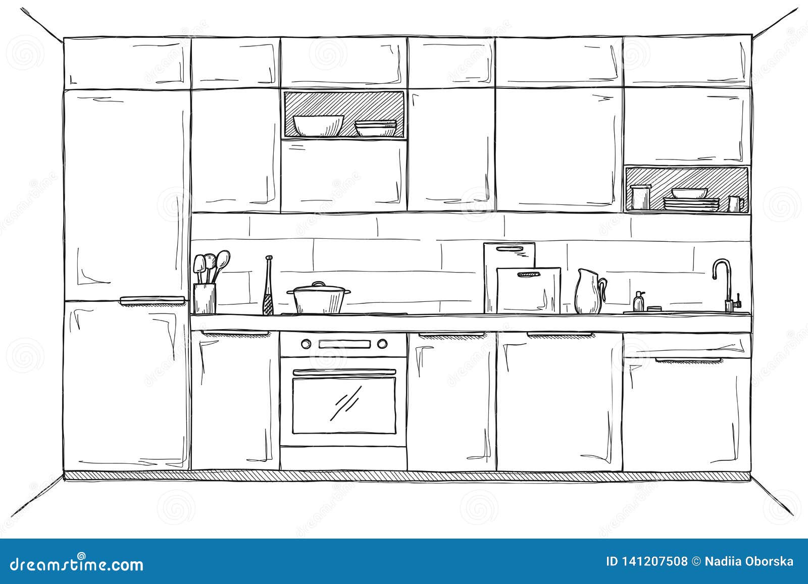 Sketch of the Kitchen, Front View. Vector Stock Illustration ...