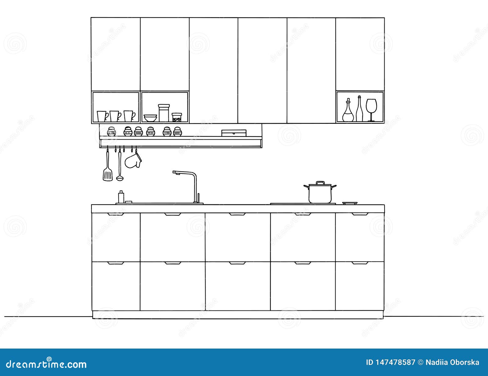 Sketch of the Kitchen Front View. Vector Stock Illustration ...